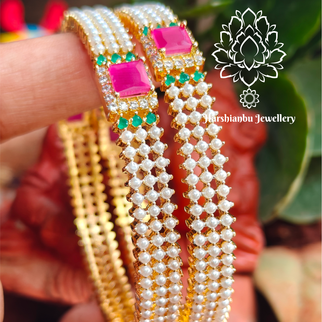 Ruby emerald pearl bangles - Harshianbu Jewellery