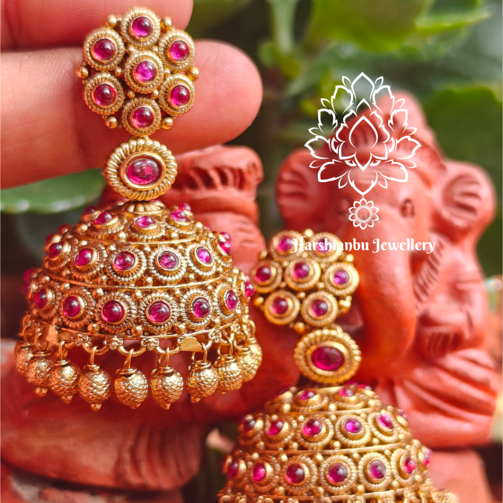 Traditional kemp kodai jhimki (Ruby) - Harshianbu Jewellery