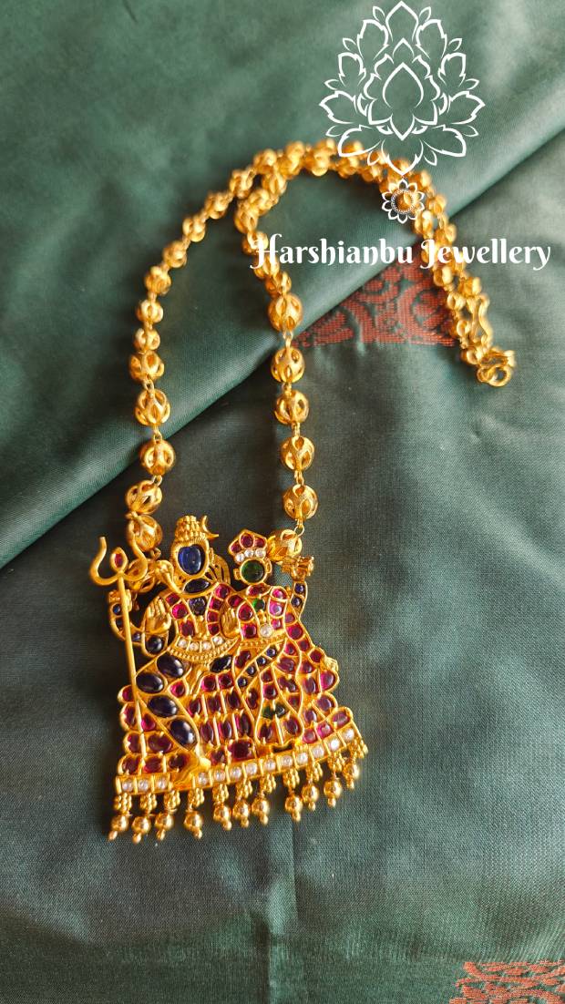 Shiv parvati pendant with lotus chain - Harshianbu Jewellery