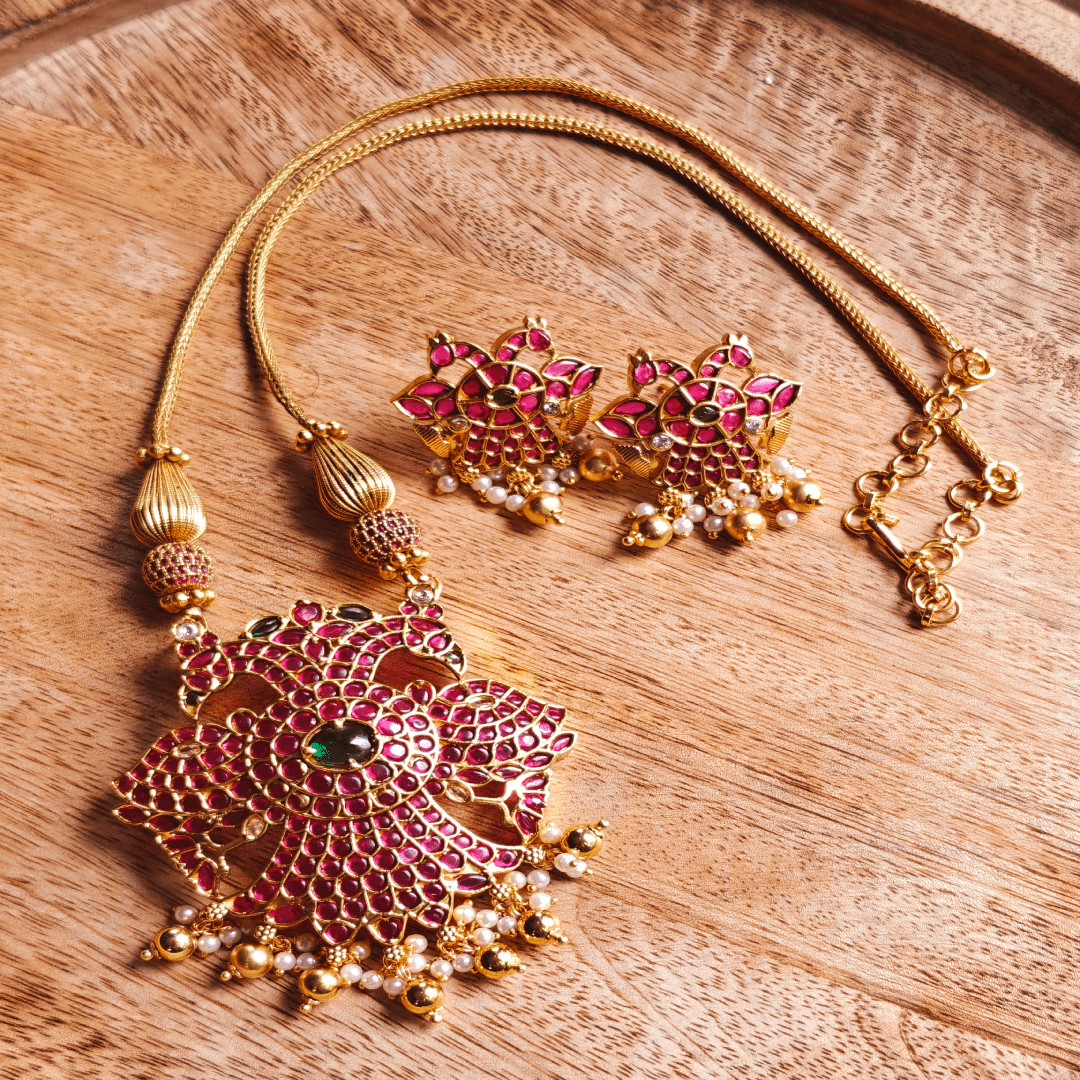 Gandaberunda pendant set with ruby stones long chain - Harshianbu Jewellery