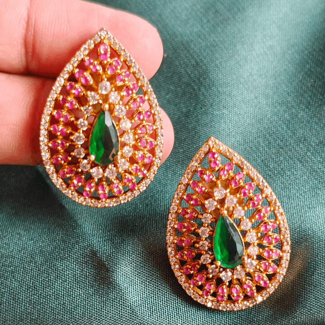 Tilak american diamond stud (Ruby green) - Harshianbu Jewellery