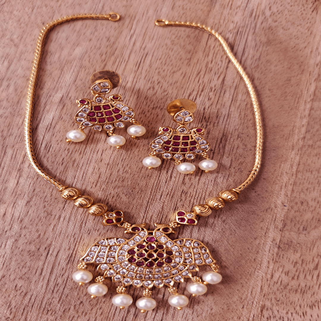 Rettai annam pendant set with chain (Ruby) - Harshianbu Jewellery