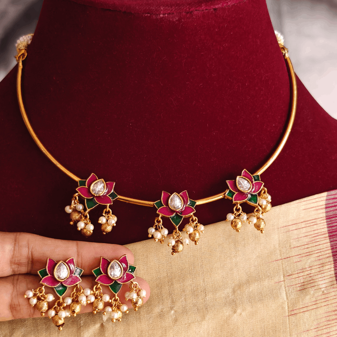 Lotus hasli choker set (3 lotus) - Harshianbu Jewellery