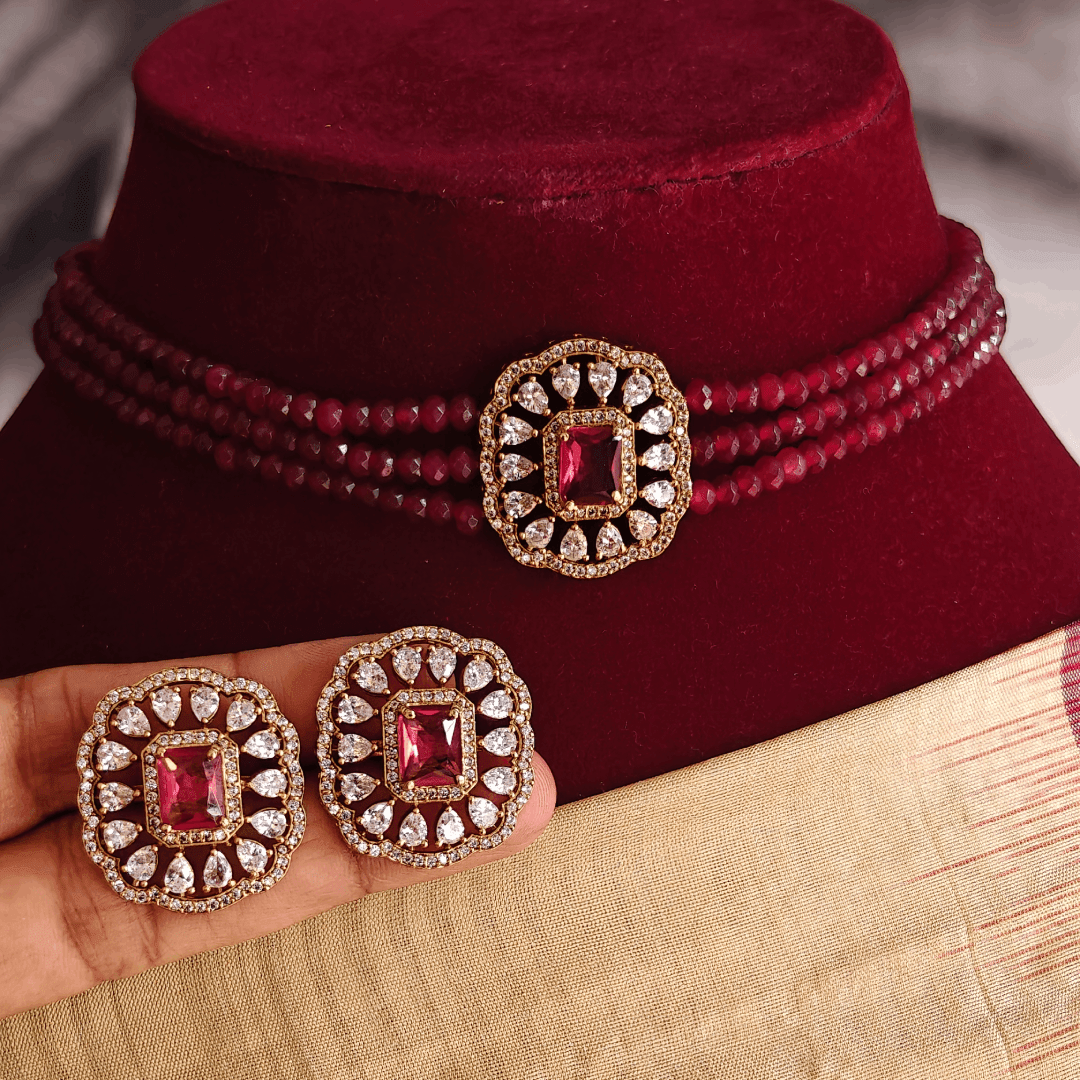 Amala beads with solitaire pendant set (maroon) - Harshianbu Jewellery