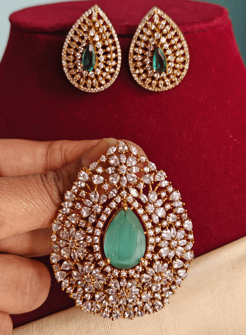 Sea green stone american diamond pendant set - Harshianbu Jewellery