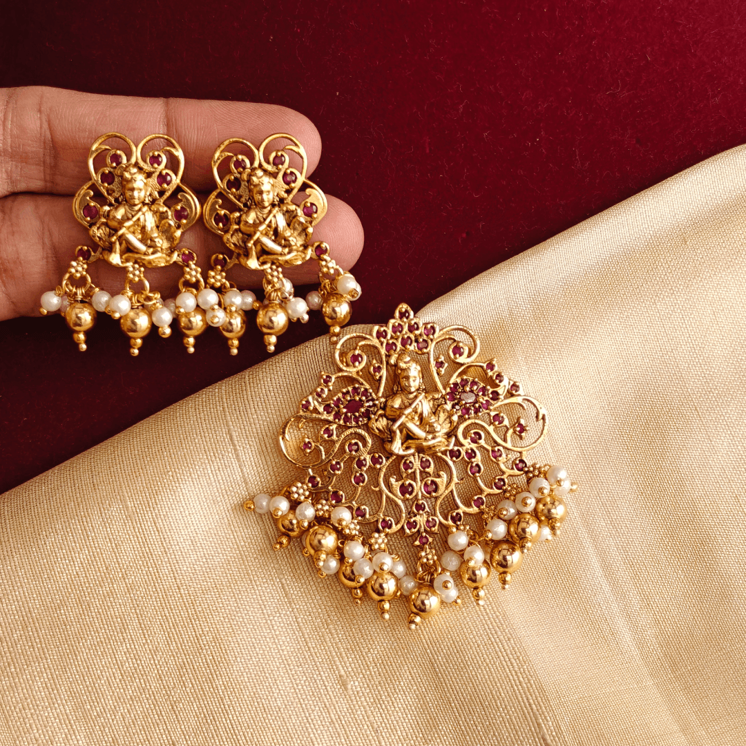 Flute krishna pendant set (ruby) - Harshianbu Jewellery