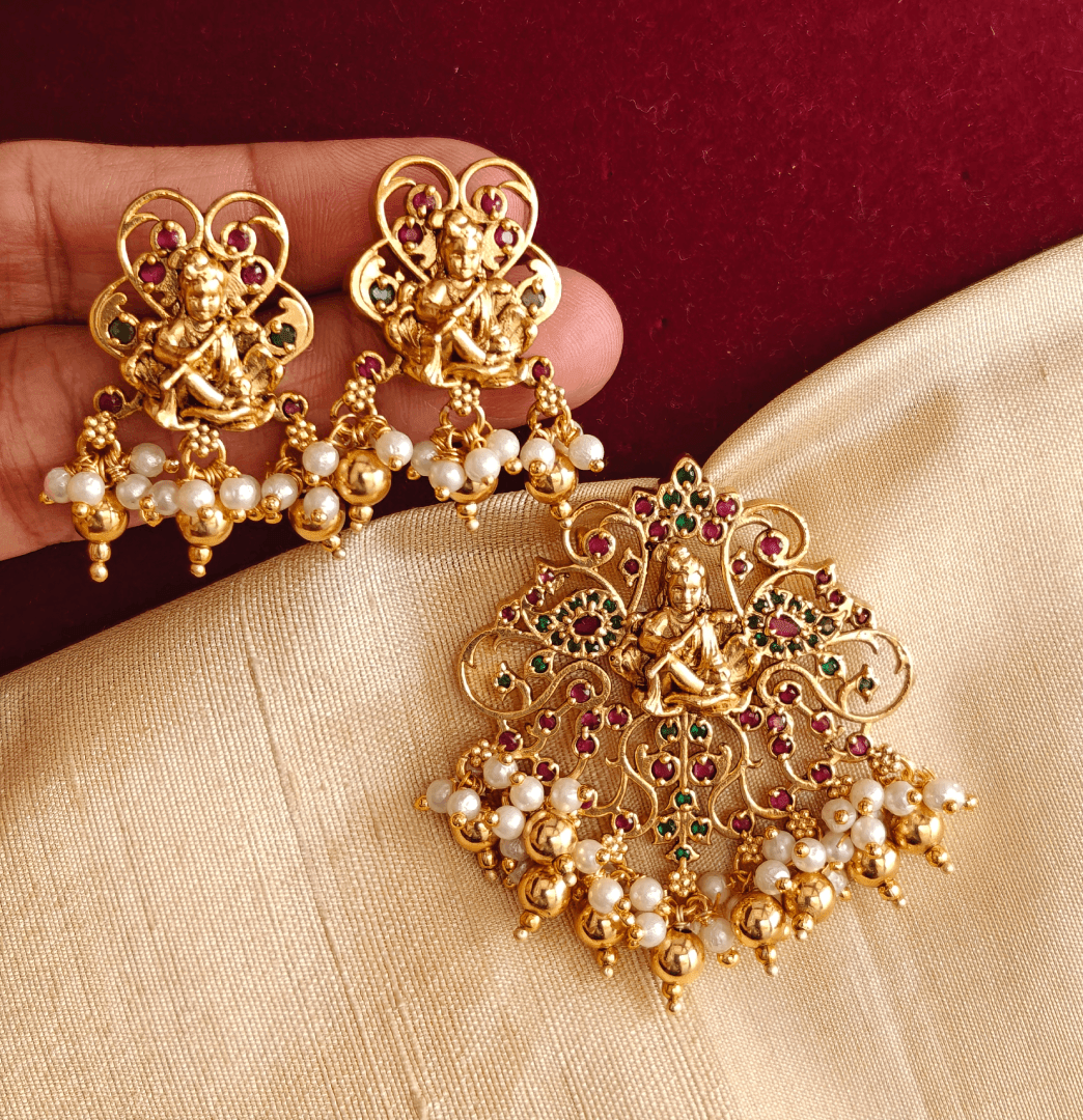 Flute krishna pendant set (Ruby green) - Harshianbu Jewellery