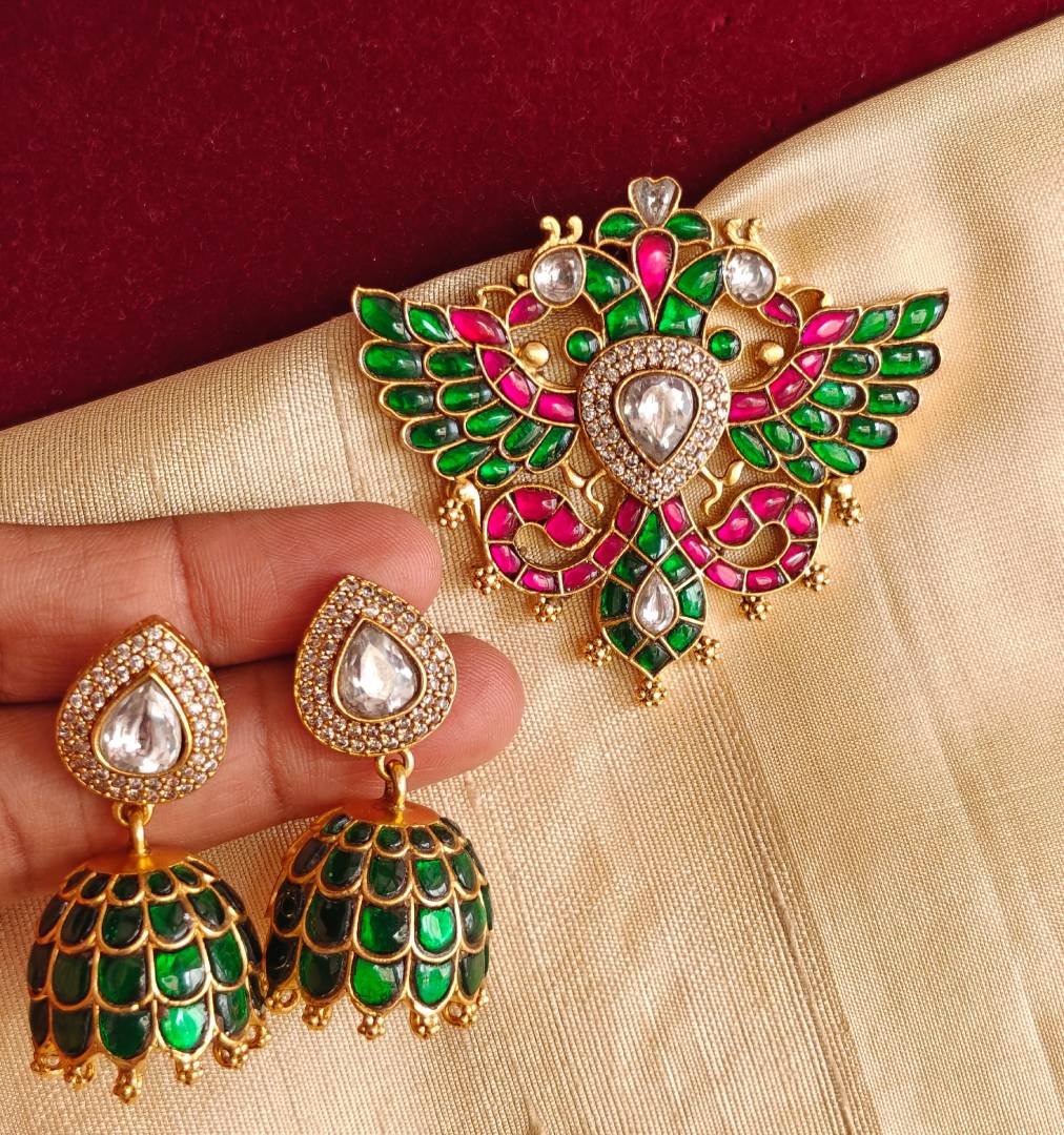 Gandaberunda emerald kundan jadau pendant set - Harshianbu Jewellery