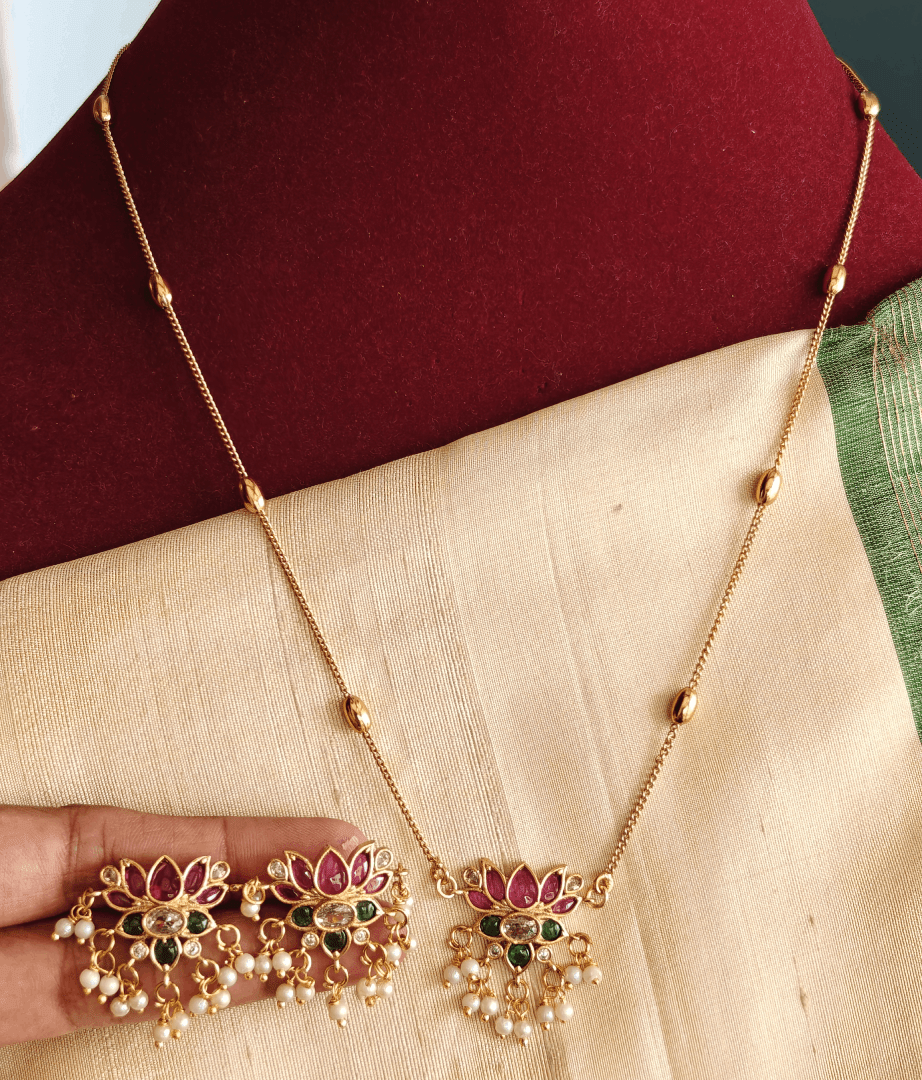 Ruby emerald lotus pendant set with chain - Harshianbu Jewellery