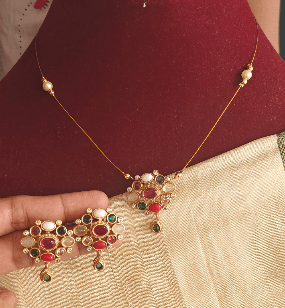 Navratna pendant set with invisible chain - Harshianbu Jewellery