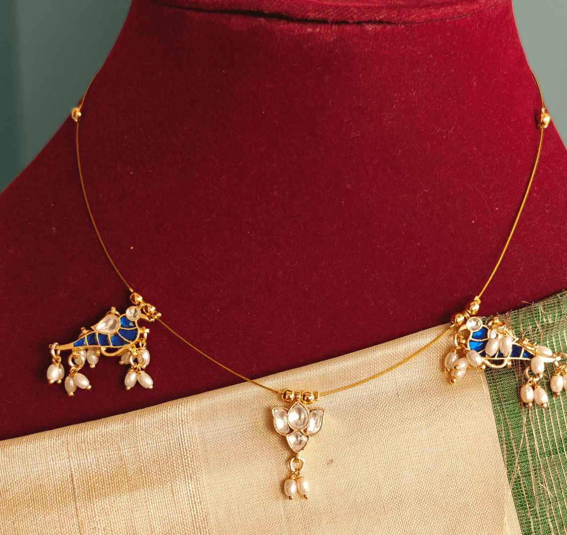 Bird lotus invisible set (Blue white kundan) - Harshianbu Jewellery