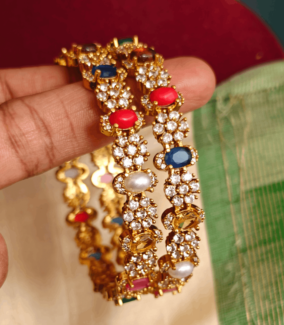 Navratna oval stone bangles - Harshianbu Jewellery