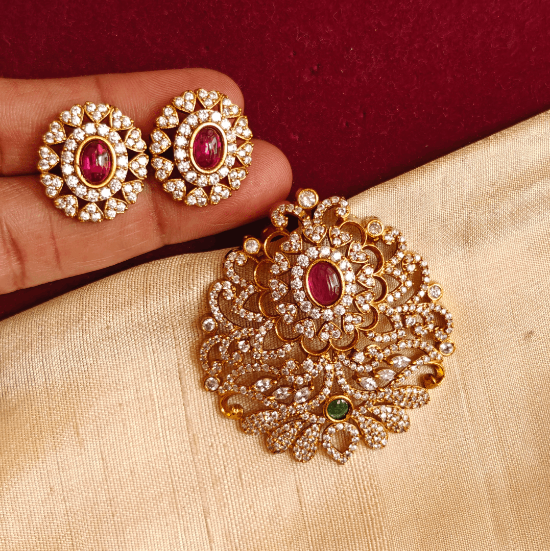 Flower ruby emerald pendant set - Harshianbu Jewellery