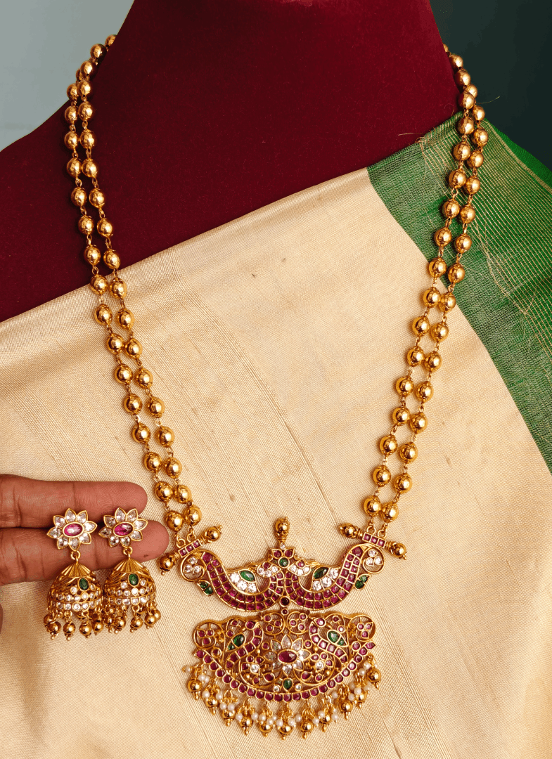 Rettai annam flower pendent jumkha set - Harshianbu Jewellery