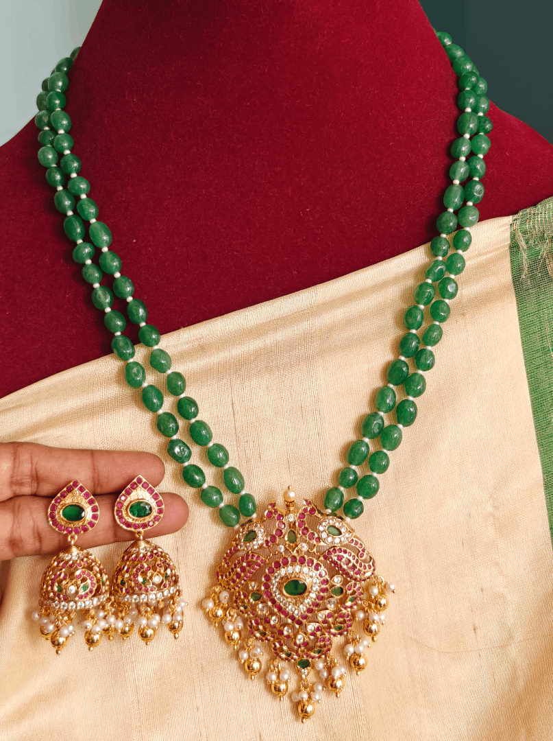 Double peacock pendant set with two line green beads - Harshianbu Jewellery